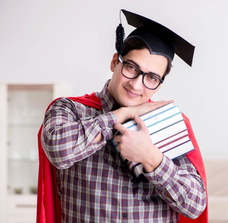 Super Hero Student with Books Studying for Exams Stock Photo - Image of ...