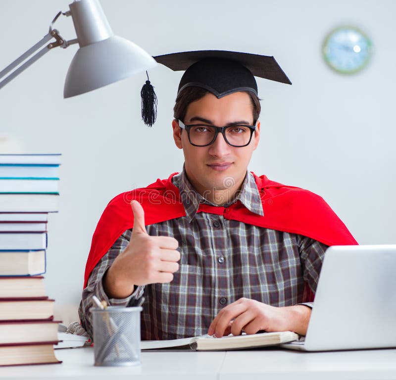 Super Hero Student with Books Studying for Exams Stock Image - Image of ...