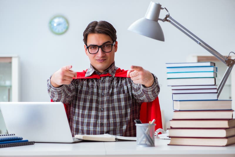 The Super Hero Student with Books Studying for Exams Stock Image ...
