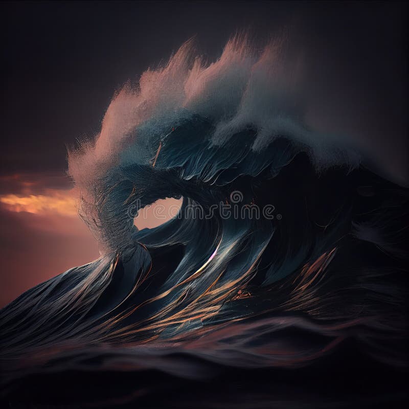 Super High Wave in the Gloomy Light of Sunset. AI Generated. Stock ...