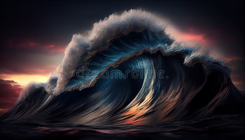 Super High Wave in the Gloomy Light of Sunset. AI Generated. Stock ...