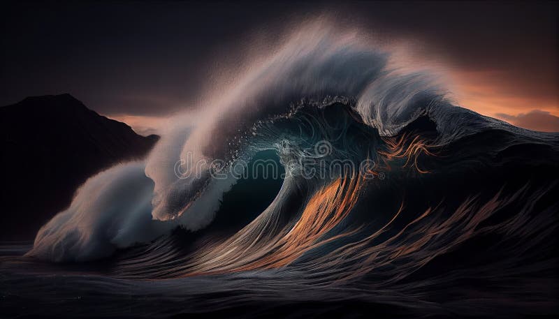 Super High Wave in the Gloomy Light of Sunset. AI Generated. Stock ...
