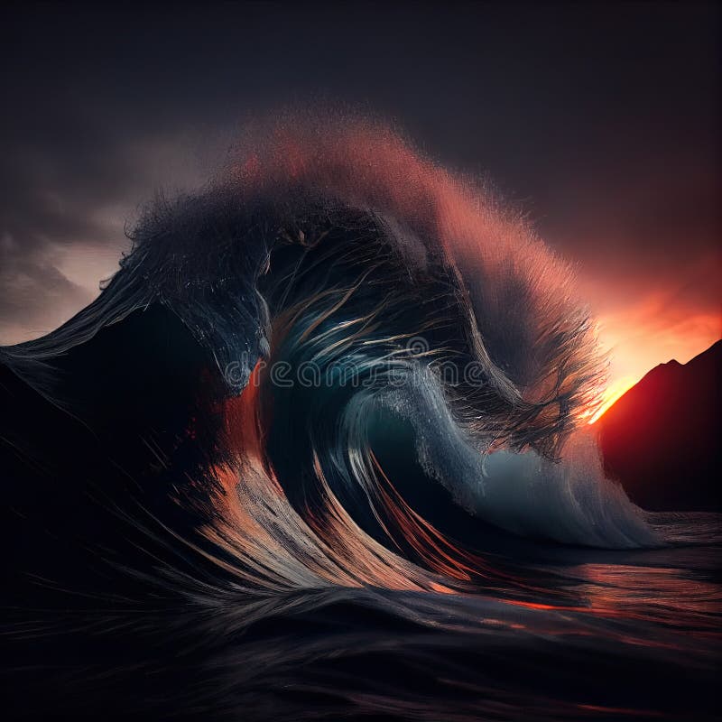 Super High Wave in the Gloomy Light of Sunset. AI Generated. Stock ...