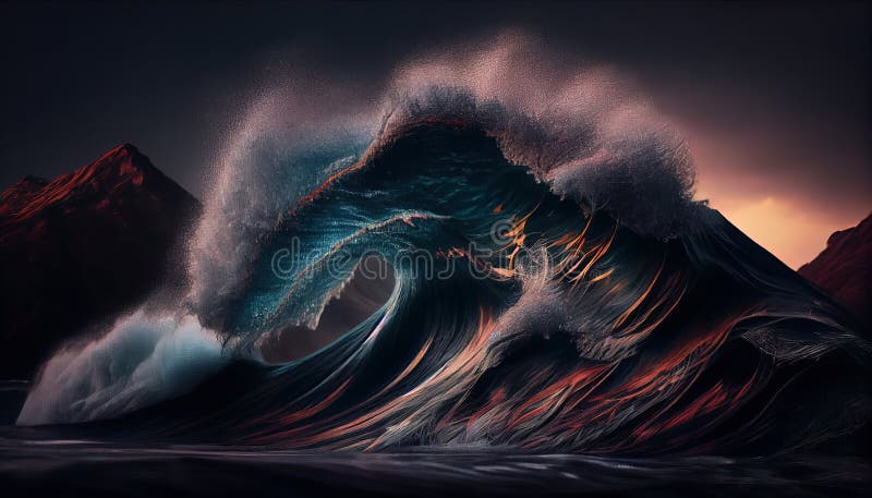 Super High Wave in the Gloomy Light of Sunset. AI Generated. Stock ...