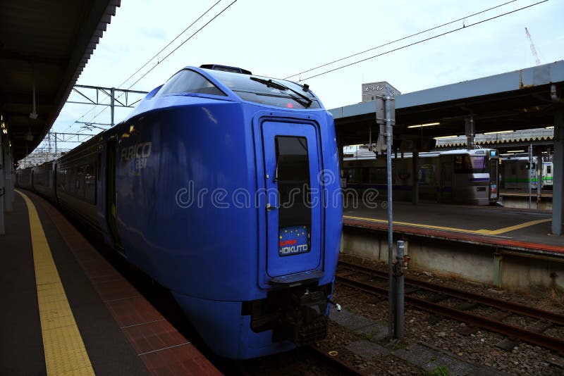JR Super Hokuto Train Stop at Onuma Koen Station Platform during Snow ...