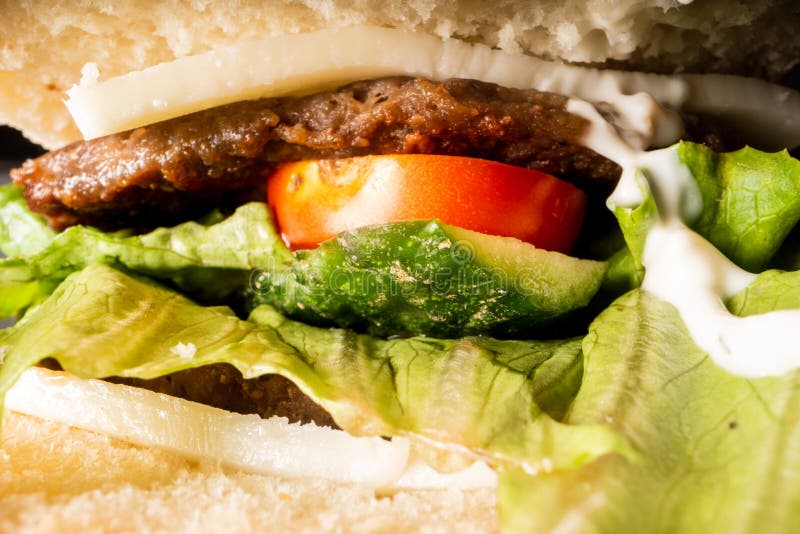Super Macro, Beef Burger, Tomato and Cucumber Salad Stock Image - Image ...