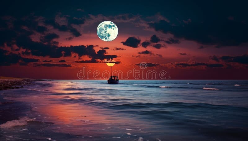 Super moon at sea stock illustration. Illustration of sunlight - 321433609