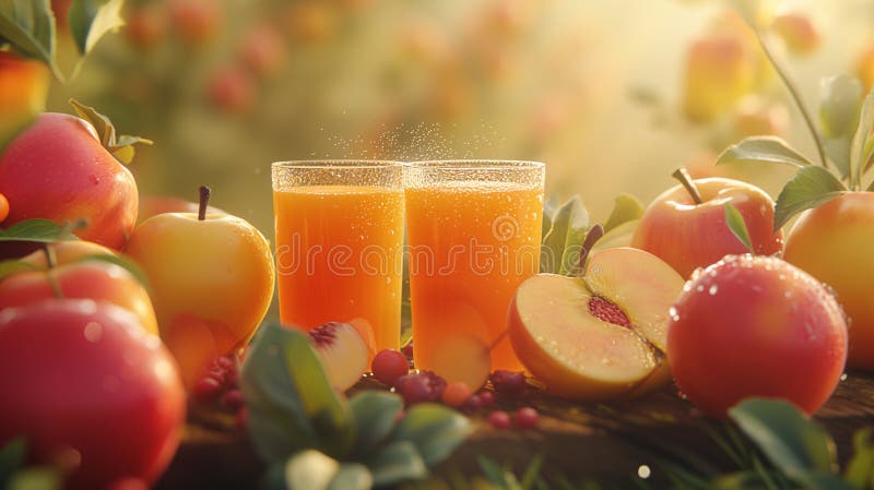 A Vibrant Orchard of Apple, Pear, and Peach Juices Blending Seamlessly ...