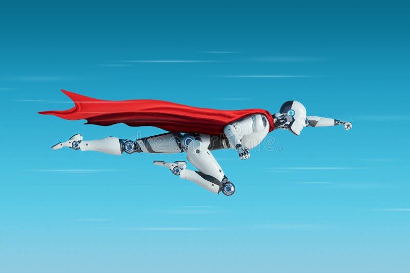 Super Robot Assistant Flies in a Heroic Pose with a Red Cape Behind His ...