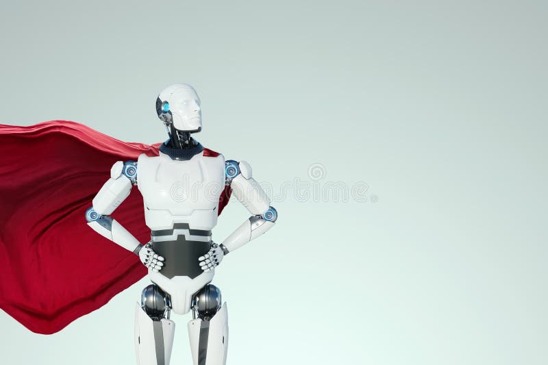 Super Robot Assistant Stands in a Heroic Pose with a Red Cape Behind ...