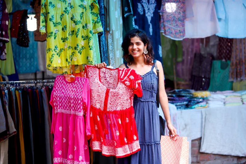Super Woman Posing with Red Colour Lakhnavi Kurti at Outdoor Market ... Super Woman Posing with Red Colour Lakhnavi Kurti at Outdoor Market ...