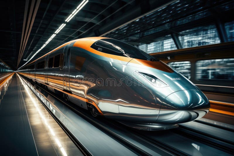 Super Streamlined Train with Motion Blur Moves in Tunnel Stock ...