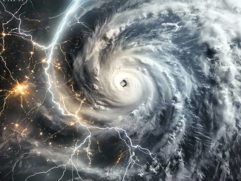 Super Strong Hurricane with Strong Winds and Lightning Stock Image ...