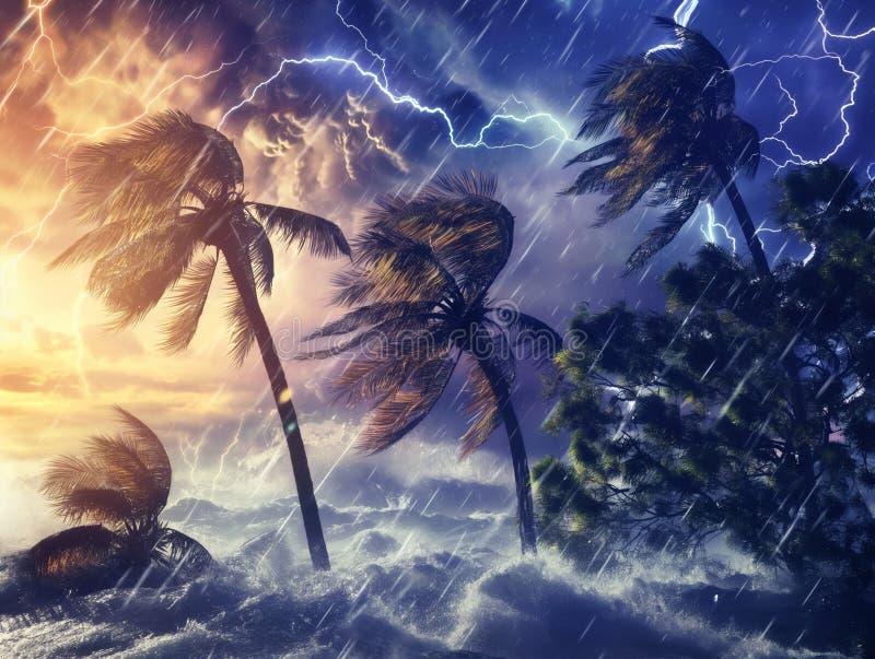 Super Strong Hurricane with Strong Winds and Lightning Stock Image ...