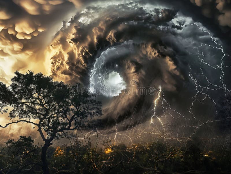 Super Strong Hurricane with Strong Winds and Lightning Stock Photo ...