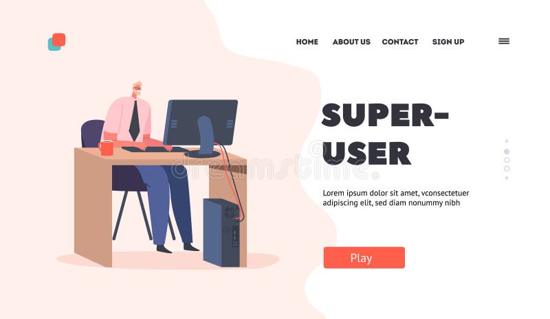 Super User Landing Page Template. Man Sysadmin or Coder at Work on Computer in Office. Male ...