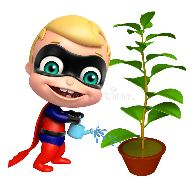 Menino Da Criança Com Planta And A Lata Molhando Ilustração Stock