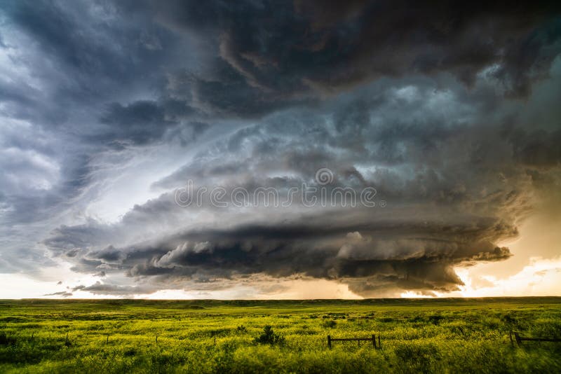 Supercell Thunderstorm with Lightning Bolt and Dark Storm Clouds Stock ...