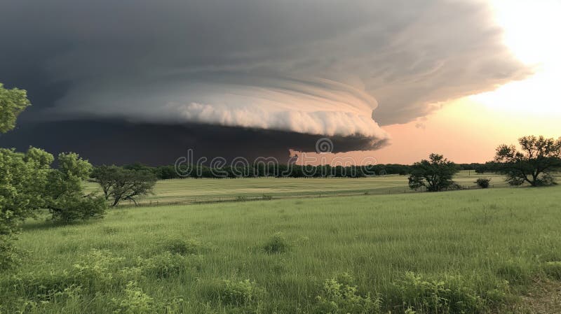 Supercell Storm Forming Over Green Fields at Sunset Stock Image - Image ...