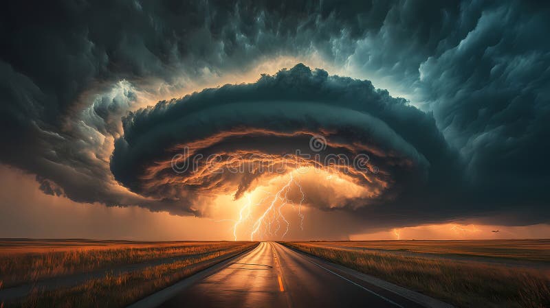 Supercell Storm Generating Lightning Over Empty Road at Sunset Stock ...