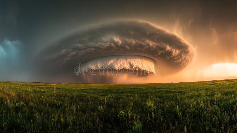 Supercell Thunderstorm Over Grassland at Sunset Stock Illustration ...