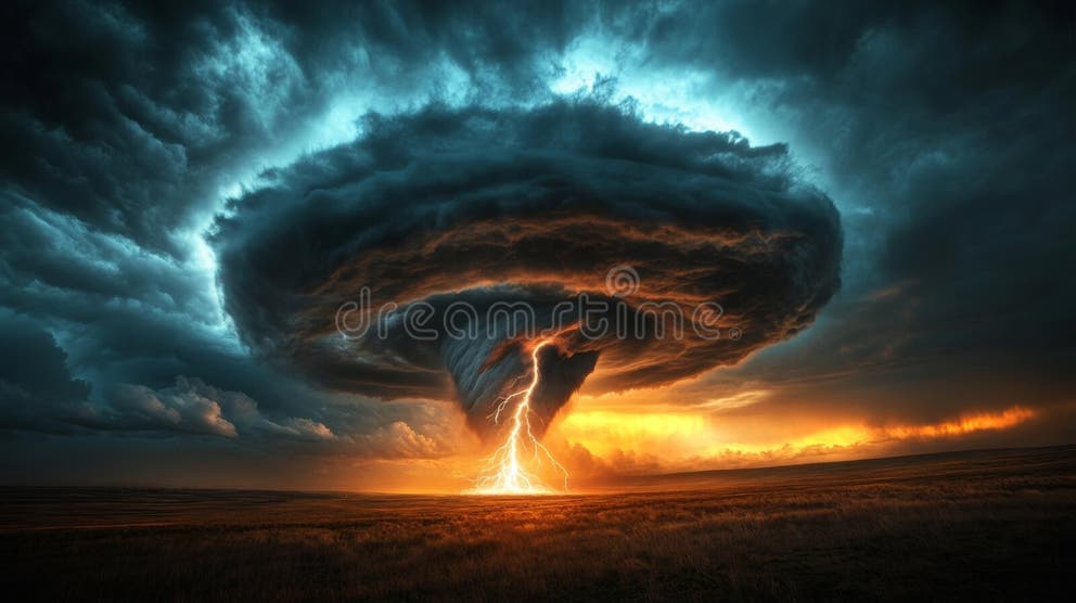 Supercell Thunderstorm with Tornado and Lightning Striking in the ...
