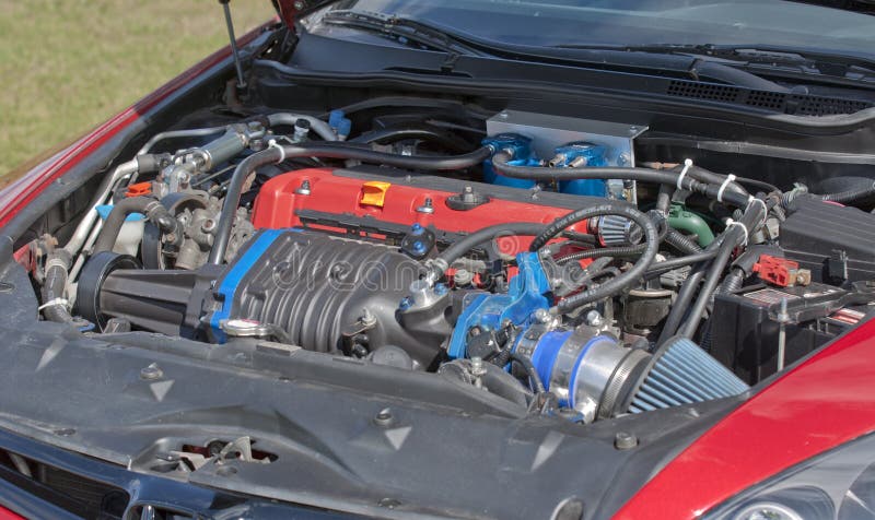 V8 Supercharged Car Engine And Spanner Stock Photo - Image of belt ...