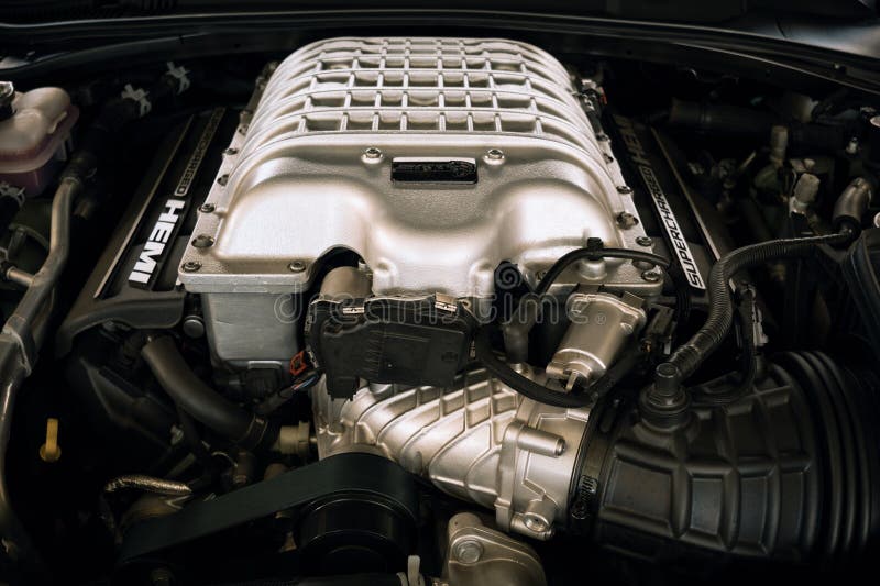 Supercharged HEMI Engine of a Car, High Power and Performance, Robust ...
