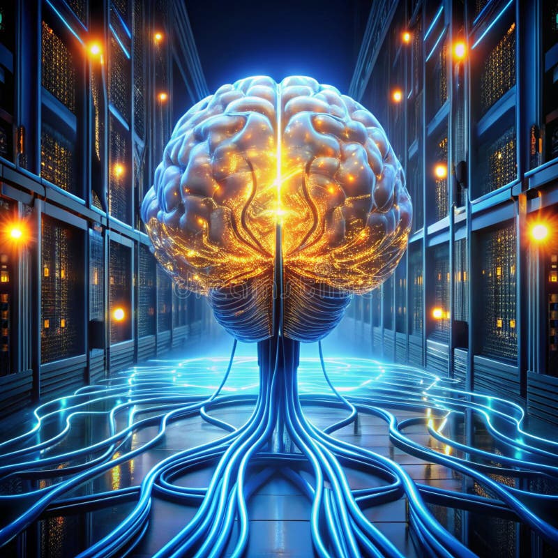 Supercomputer Brain Connected by Glowing Cables Stock Illustration ...