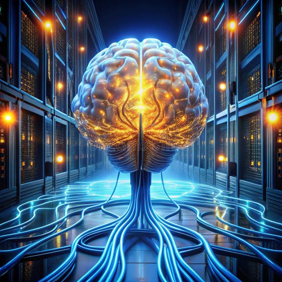 Supercomputer Brain Connected by Glowing Cables Stock Illustration ...