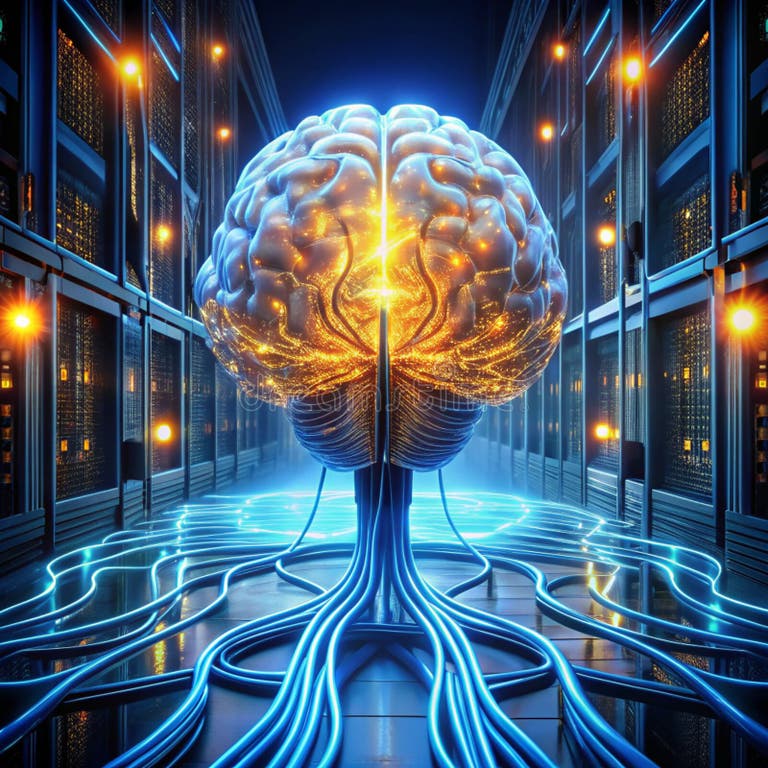 Supercomputer Brain Connected by Glowing Cables Stock Illustration ...
