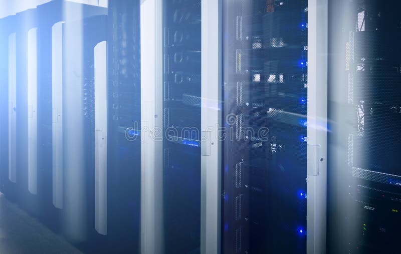 Servers and Hardware Room with Notebook and Coffee Cup Computer ...