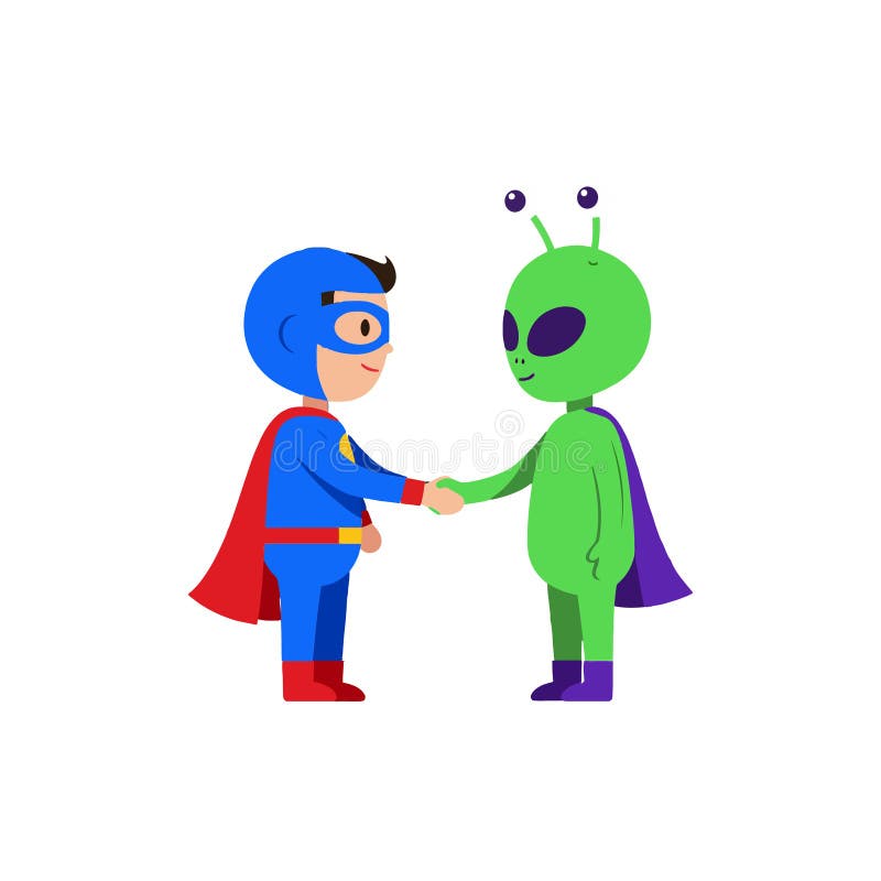 Superhero Character Shaking Hands with Alien in Flat Vector Art Stock ...
