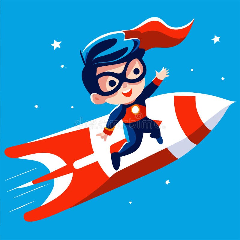 Superhero Boy Flying on a Rocket. Vector Illustration in Cartoon Style ...