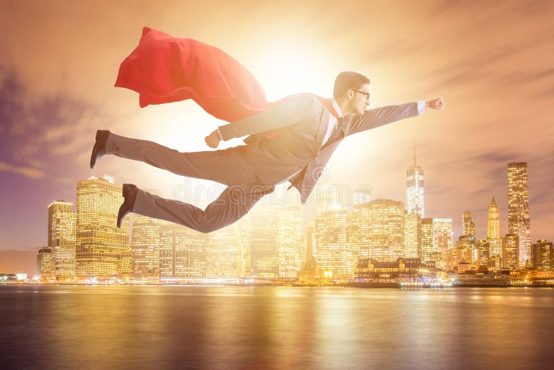 The Superhero Businessman Flying Over the City Stock Photo - Image of ...