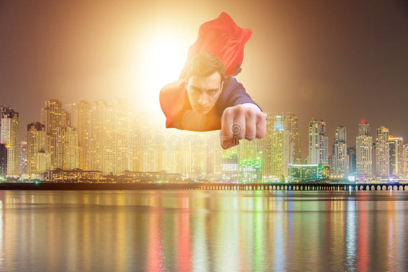 The Superhero Businessman Flying Over the City Stock Image - Image of ...