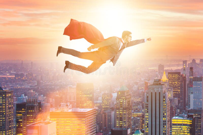 The Superhero Businessman Flying Over the City Stock Photo - Image of ...