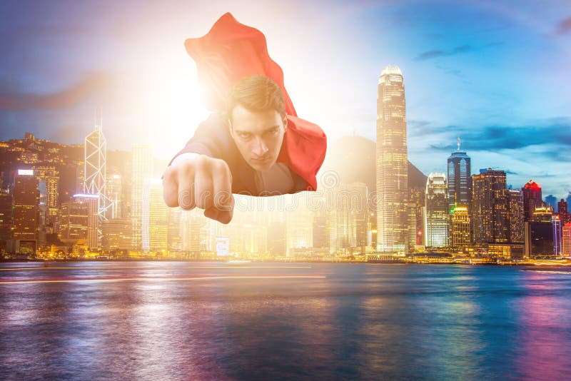 The Superhero Businessman Flying Over the City Stock Photo - Image of ...