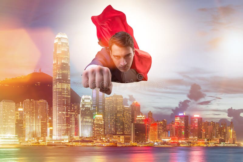 The Superhero Businessman Flying Over the City Stock Photo - Image of ...