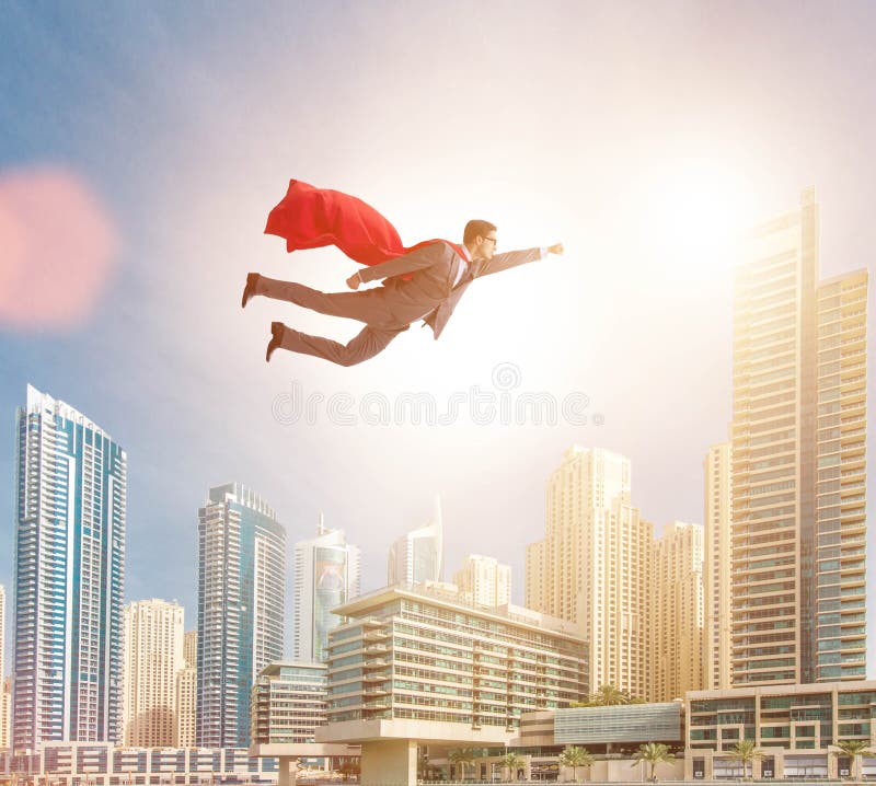 Superhero Businessman Flying Over the City Stock Photo - Image of ...