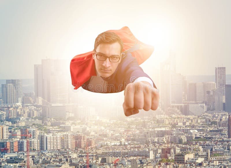 Superhero Businessman Flying Over the City Stock Image - Image of help ...
