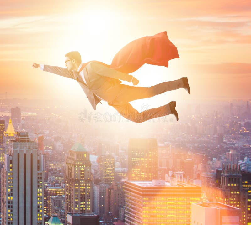 Superhero Businessman Flying Over the City Stock Image - Image of brave ...