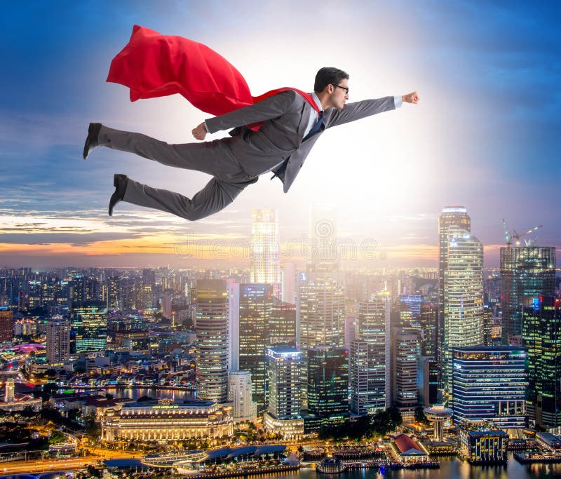 Superhero Businessman Flying Over the City Stock Image - Image of male ...