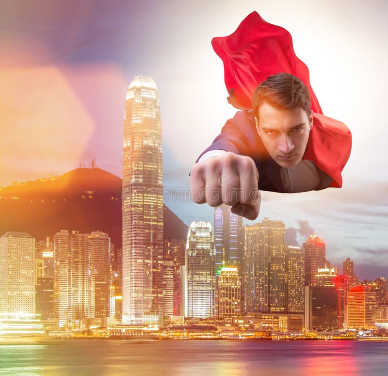 Superhero Businessman Flying Over the City Stock Photo - Image of ...