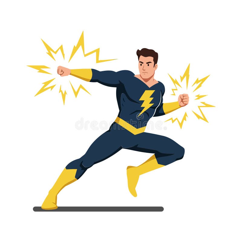 Superhero Character in Action Pose with Lightning Effects, Flat Design ...