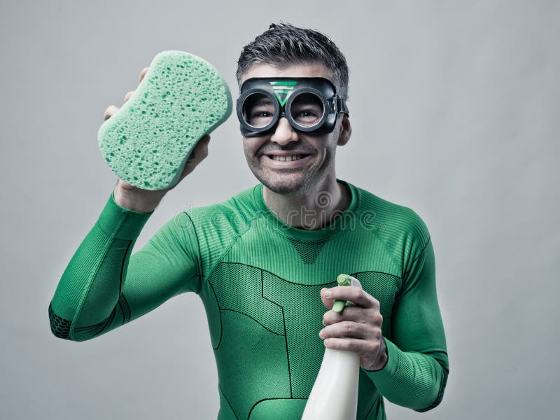 Superhero Cleaning With Sponge And Detergent Stock Photo - Image of ...