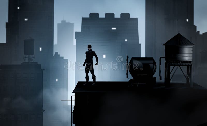 Superhero in Costume on Rooftop Overlooking Cityscape Stock ...