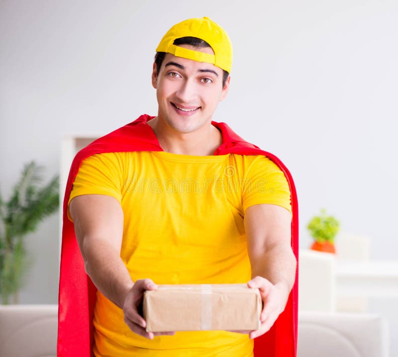 Superhero Delivery Guy with Box Stock Photo - Image of hero, signing ...