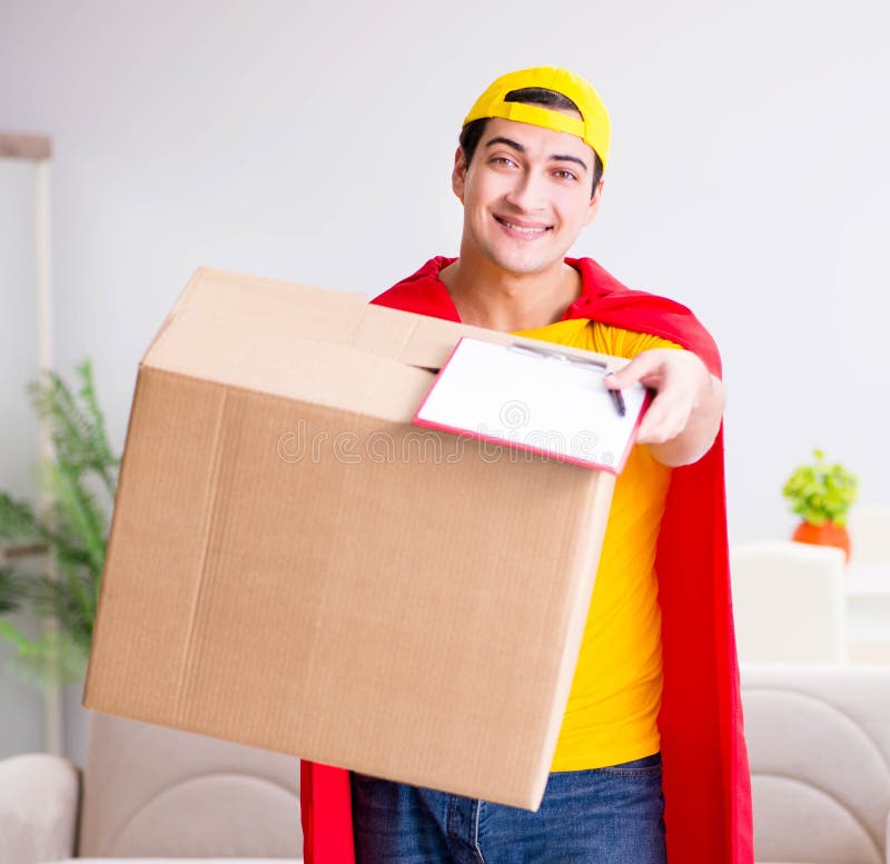 Superhero Delivery Guy with Box Stock Image - Image of service, funny ...