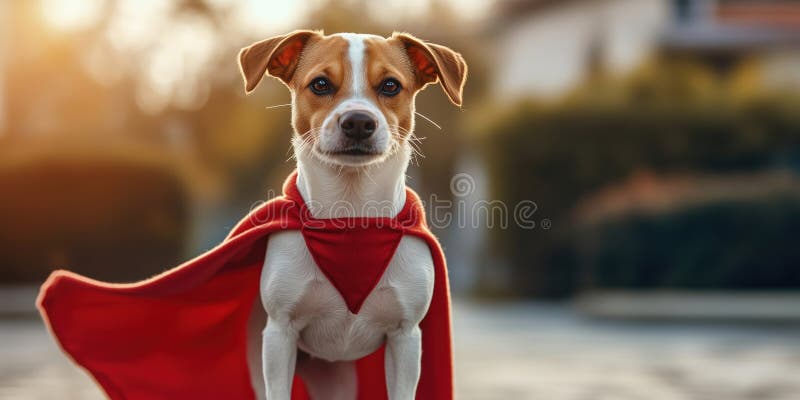Superhero Dog in Red Cape Posing Confidently Outdoors during Sunset ...